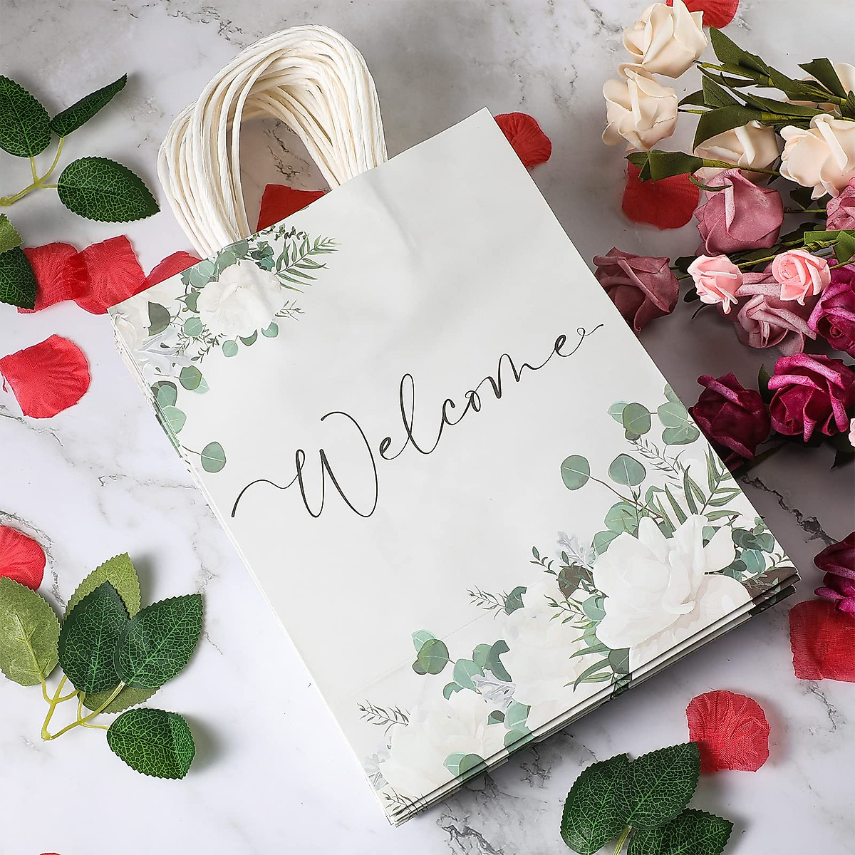 Chinco Welcome Bags White Wedding Gift Bags for Hotel Guests Black Letters Wedding Bags with Handles Paper Wedding Welcome Gift Bags Party Favors Bags for Wedding Birthday Party Supplies (48 Pieces)