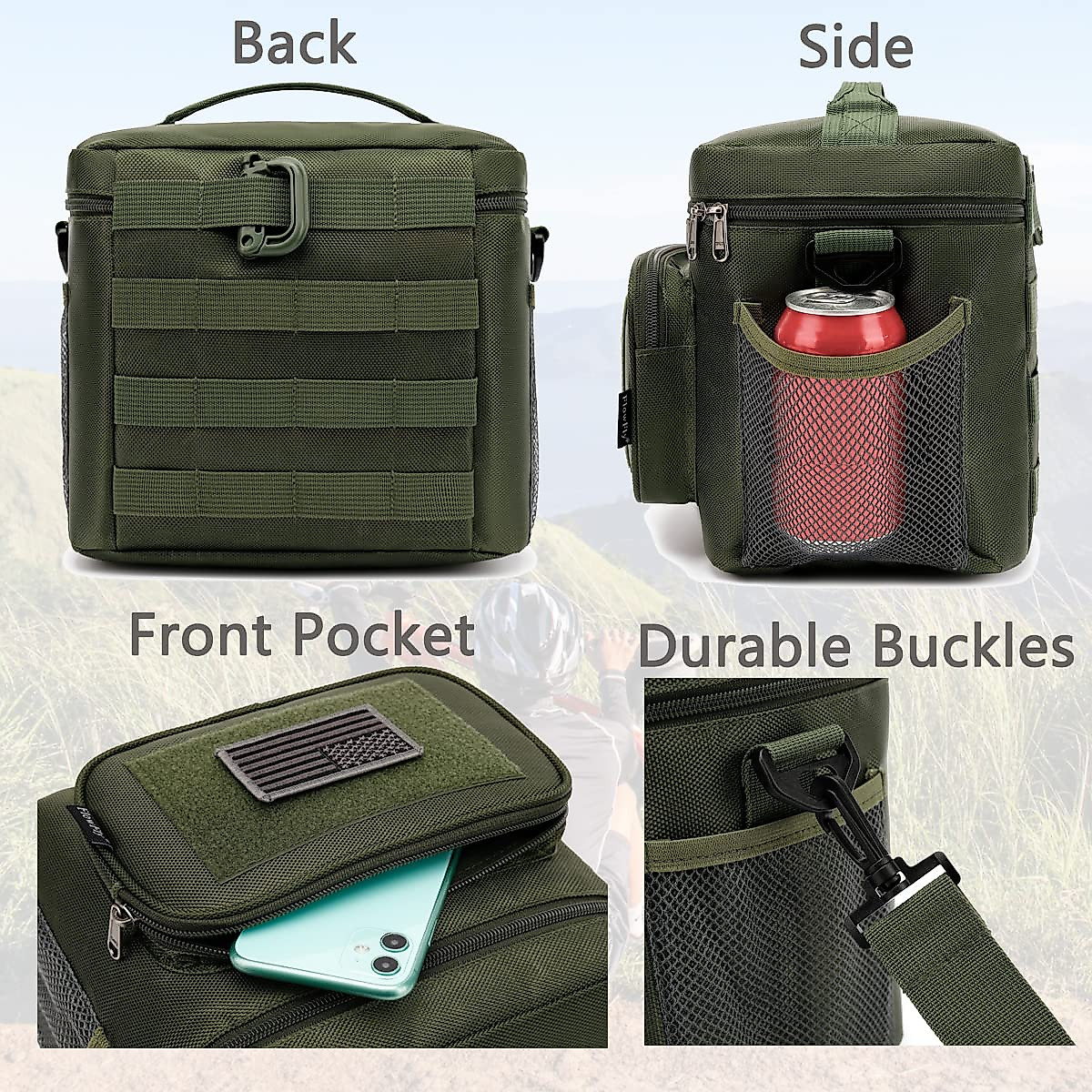 FlowFly Tactical Lunch Bag Large Insulated Lunch Box Cooler Tote for Men, Women with MOLLE/PALS Webbing (Army#Green, Medium)