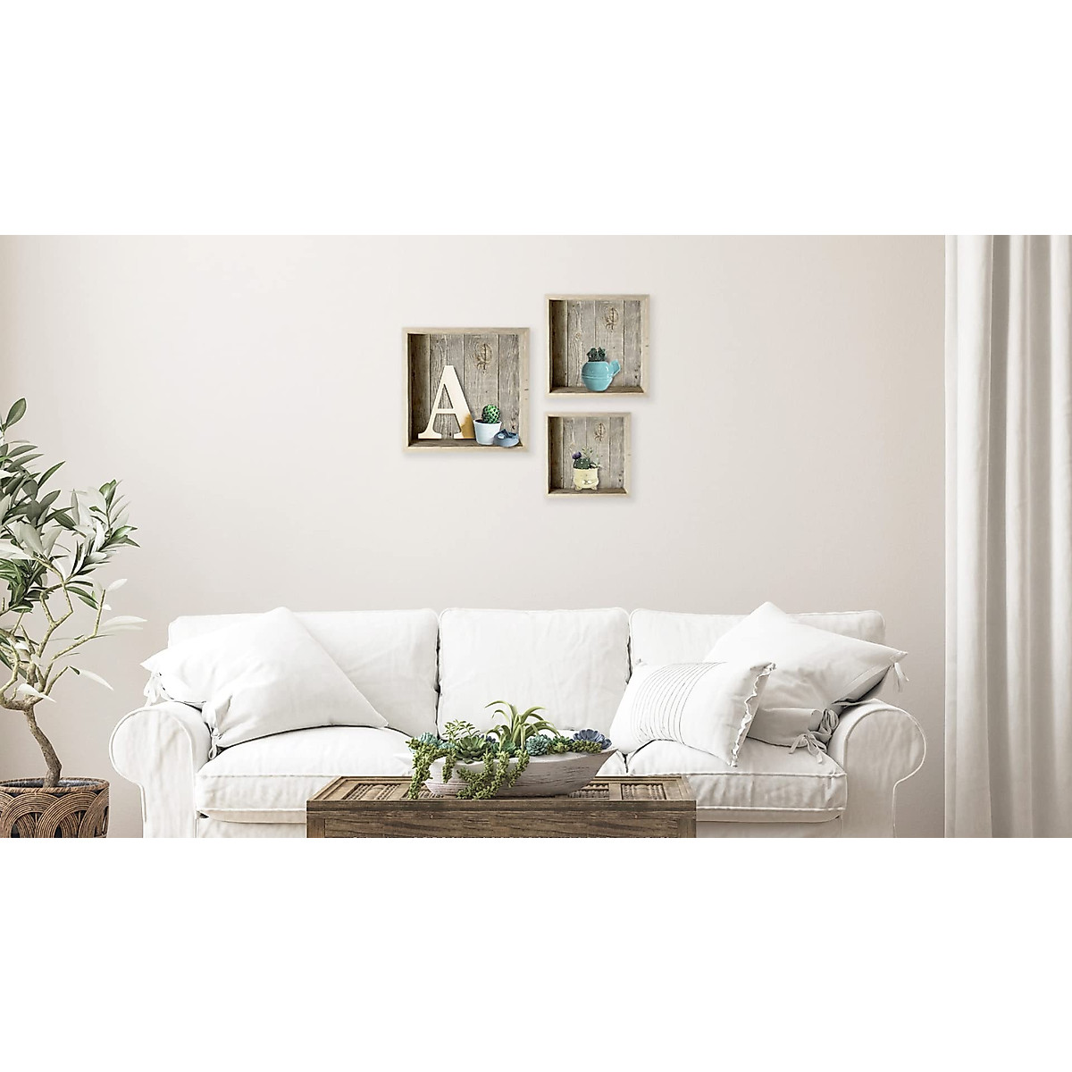 Rockin' Wood Rustic Wood Shadow Box Floating Shelves with Wood Backing, Made with Reclaimed barn Wood, Set of 3, Weathered Grey