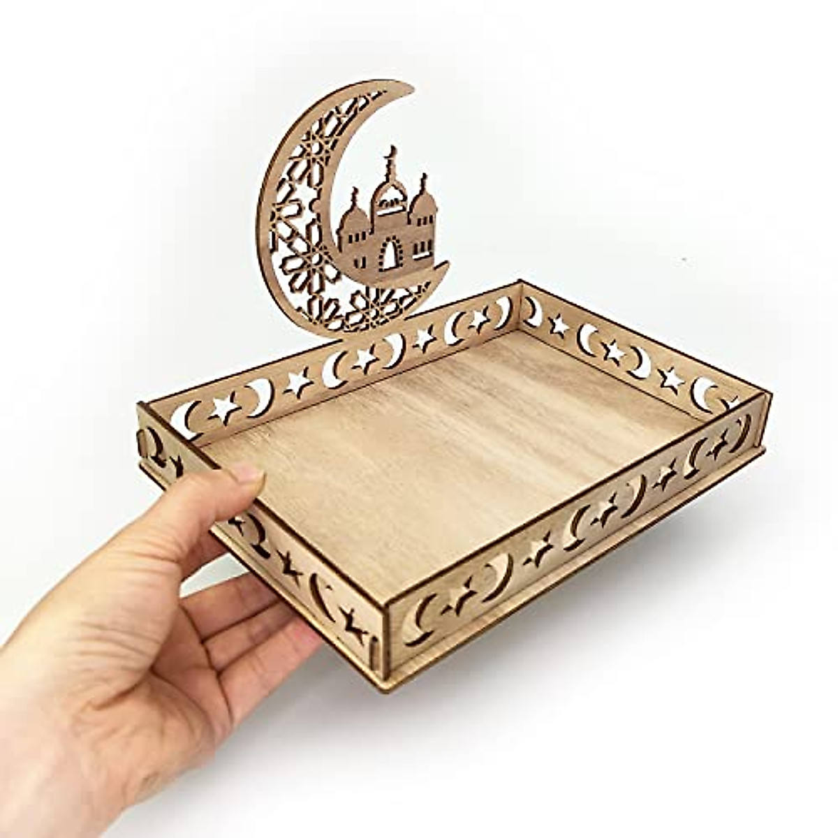 Ramadan Wood Tray Mubarak Party Food Tray Moon & Star Tray Table Decorations Small Wood Tray for Home Party Bedroom Eid Ornaments Eid Crafts