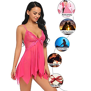Avidlove Women Lingerie Lace Babydoll V Neck Sleepwear Strap Chemise Rose Red L