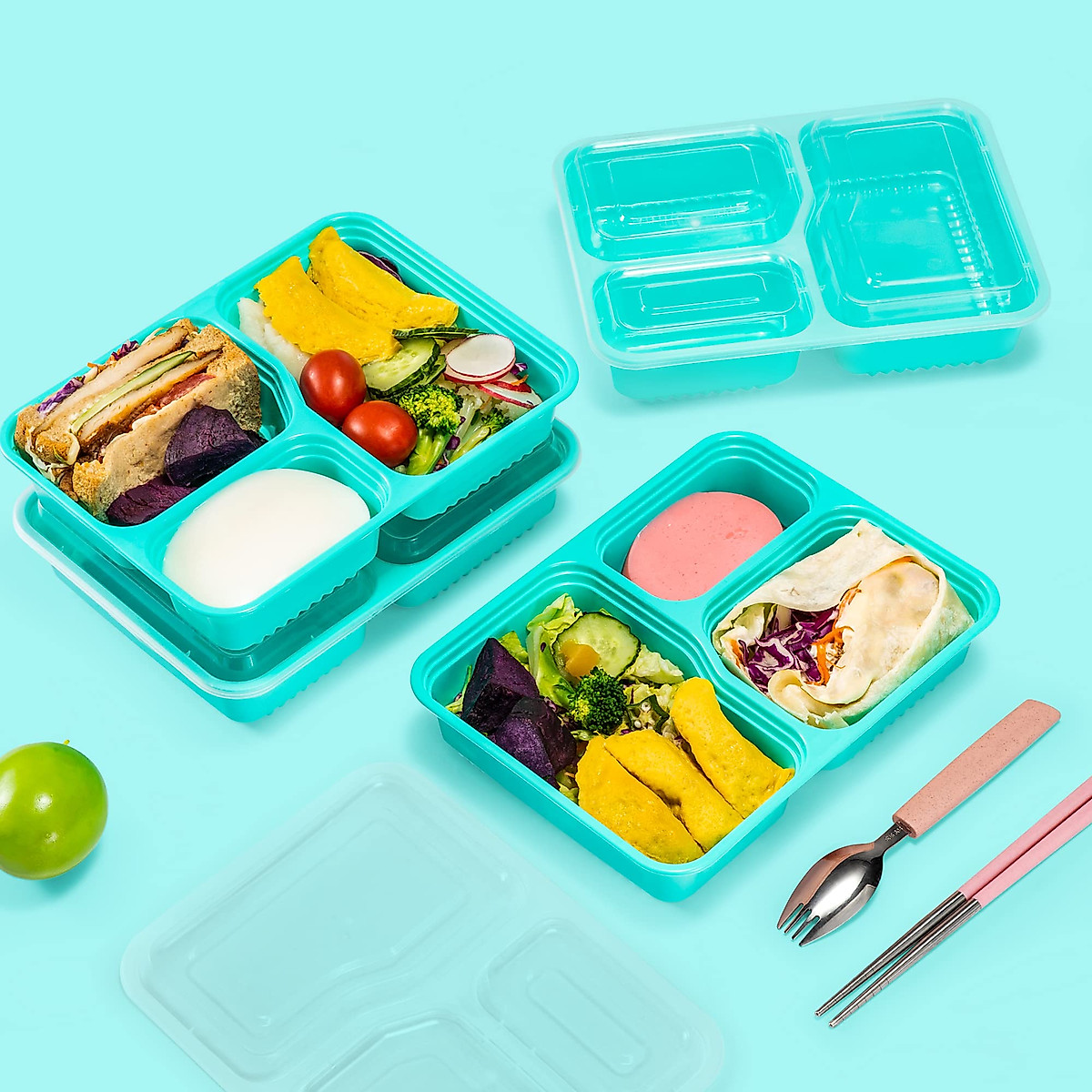 Glotoch Meal Prep Container Reusable, 15 Pack 34oz 3 Compartment To Go Containers for Food Snack, Plastic Divided Food Storage Meal Prep Containers With Lids for Microwave Freezer BPA-Free,Safe,Green