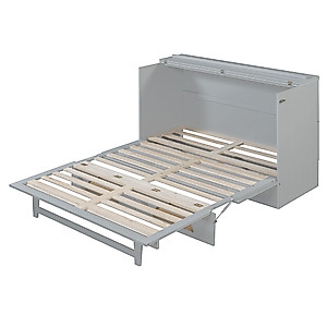 XD Designs Queen Size Murphy Bed with Large Storage Drawer and Charging Station, Versatile Traditional Solid Wood Murphy Bed Chest Cube Cabinet Bed, Convertible Space-Saving Design (Gray-TYX, Queen)