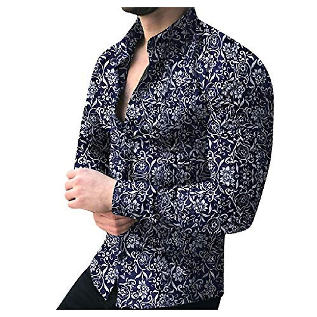 Men's Casual Hawaii Floral Printed Shirts Loose Long Sleeve Button Lapel T-Shirt Fashion Top Blouse