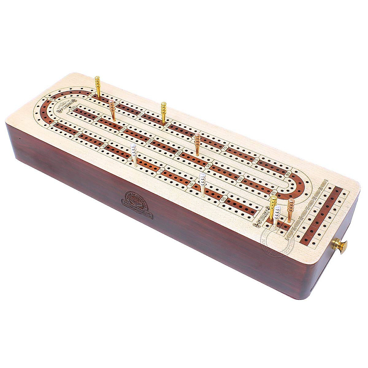 House of Cribbage Continuous Cribbage Board Alphabet e Shape Inlaid in Maple and Bloodwood with Storage Drawer for pegs and Cards - 3 Tracks