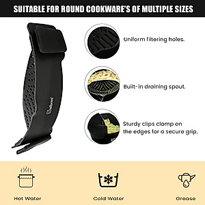 Clip On Kitchen Food Strainer for Spaghetti, Meat, Pasta, & Ground Beef Grease, Colander & Sieve Snaps or Clips Onto Bowls, Pots & Pans Includes Silicone Drainer, Brush & Garlic Peeler (Black)