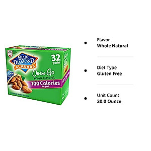 Blue Diamond Almonds Whole Natural Raw Snack Nuts, 100 Calorie Travel Bags, 32 count