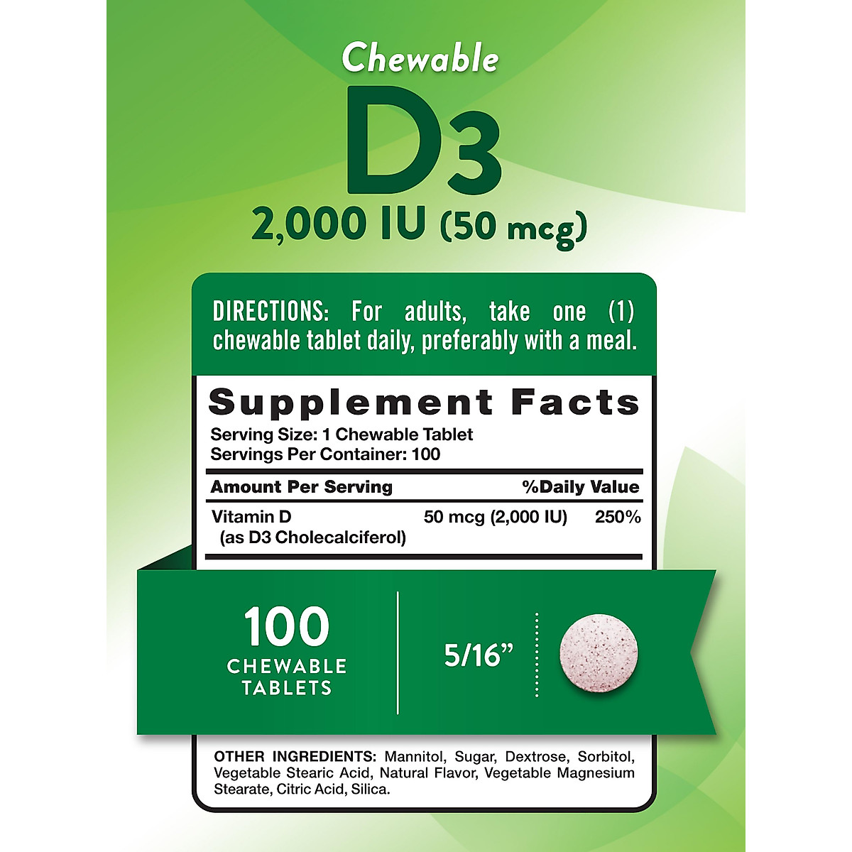 Nature's Truth Chewable Vitamin D3 2,000 IU | 100 Tablets | Berry Flavor | Vegetarian, Non-GMO, & Gluten Free Supplement