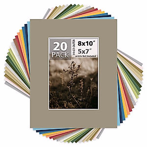 Mat Board Center, Pack of 20, Mixed Colors 8x10 Picture Mats Matting with White Core Bevel Cut for 5x7 Pictures