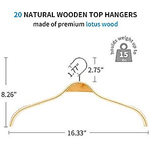 KihampHome Super Durable Natural Wood Hangers(20pcs) Space Saving with Extra Smooth Finish and No Bulge Shoulder Design,Heavy Duty Hangers with Non Slip Stripes,Perfect for Coat,Sweater and Shirt