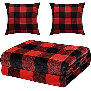 60 x 80 Inches Buffalo Plaid Throw Blanket, Flannel Fleece Throw Blanket, Checkered Soft Blankets with 2 Pieces 18 x 18 Inches Pillow Covers for Christmas Home Decor (Red and Black Plaid)