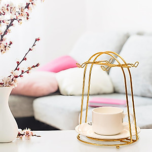 jojofuny Golden Metal Tea Mugs Display Stand 4 Hook European Style Cups Holder Tree Wrought Iron Saucer Organizer Rack for Coffee Home Jewelry Entryway Key Bar Accessories