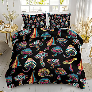SOULZZZ Colorful Mushroom Duvet Cover Umbrella Pattern Exotic Style Black Beddings for Kids Teens Boys Girls Aesthetic Hippie Theme Cartoon Mushroom Bed Set (Queen, 1 Duvet Cover 2 Pillow Shams)