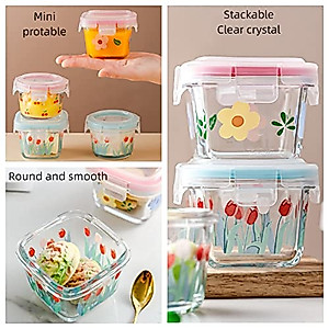 2 Pack 4 OZ Mini Glass Food Storage Containers Portable Small Food Jars with Airtight Lids Leakproof Square Flower Glass Container for Food Portion,Dipping Sauce,Snack,Nut,Yogurt,Freezer Microwave Safe