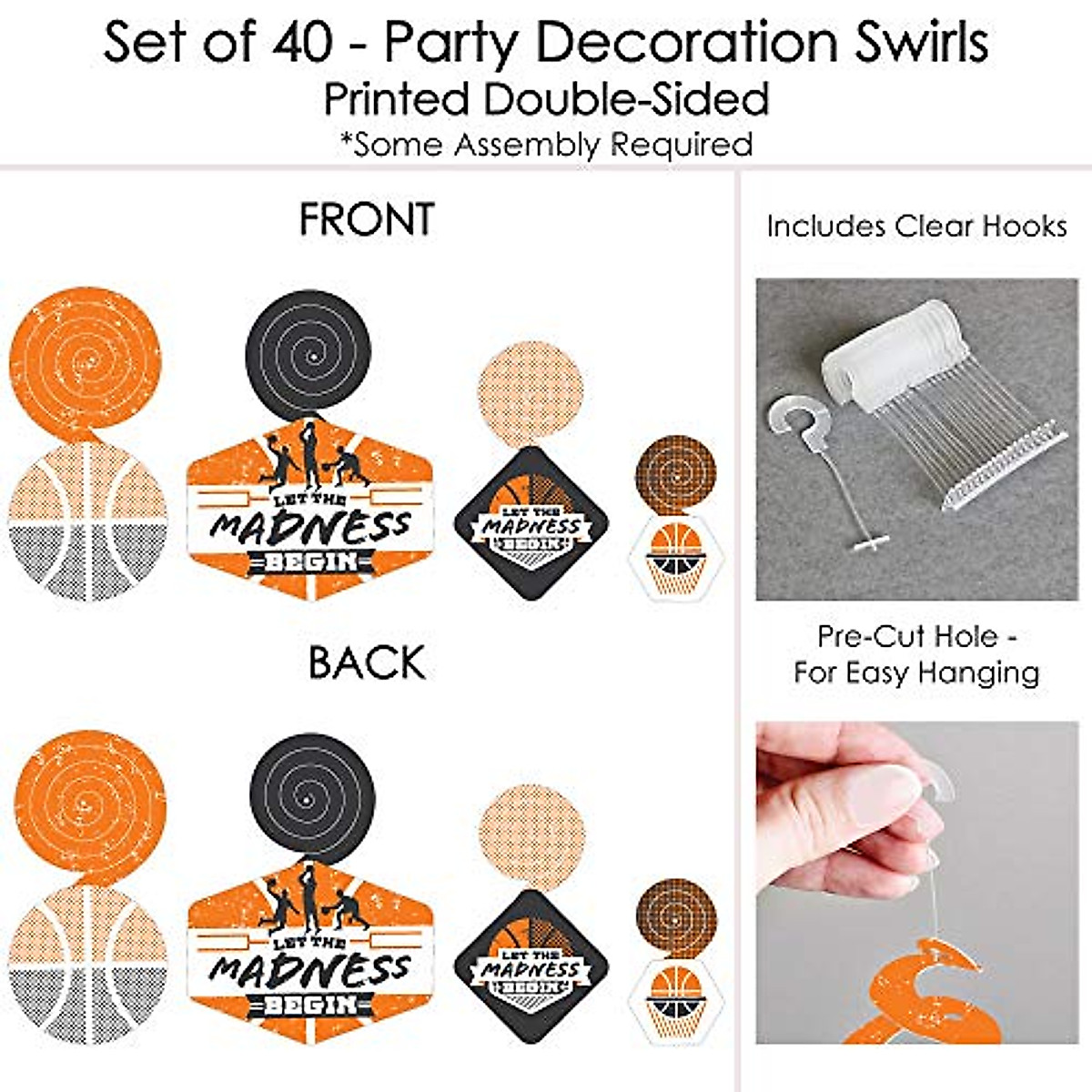 Big Dot of Happiness Basketball - Let The Madness Begin - College Basketball Party Hanging Decor - Party Decoration Swirls - Set of 40