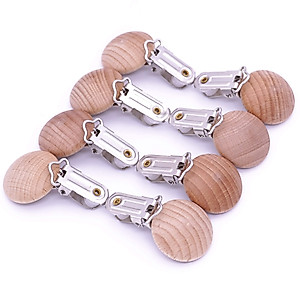 Sutoyuen 10Pcs 30mm (1.18") Natural Wood Pacifier Holder Round Beech Metal Teether Wooden Teething Beads Suspender Clips DIY Pacifier Accessories