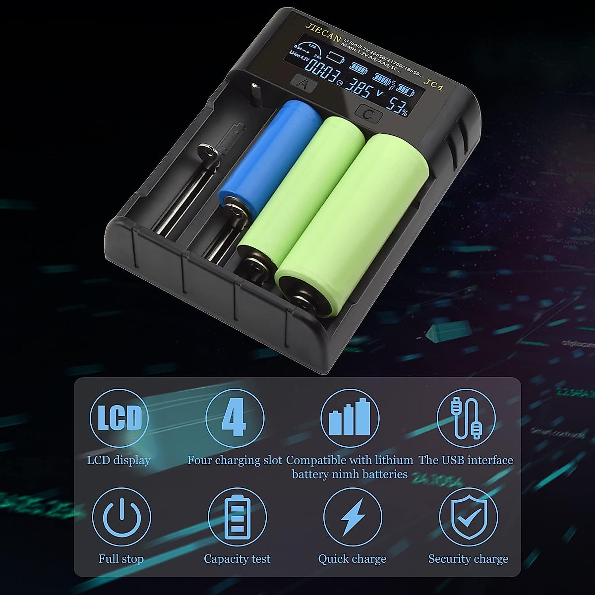 JIECAN LCD Universal Battery Charger, 4 Bay AA AAA Battery Charger,USB High-Speed Charging, Independent Slots, Smart Fast Charging Battery Charger for 3.7V Ni-MH Ni-CD AA AAA Rechargeable Batteries