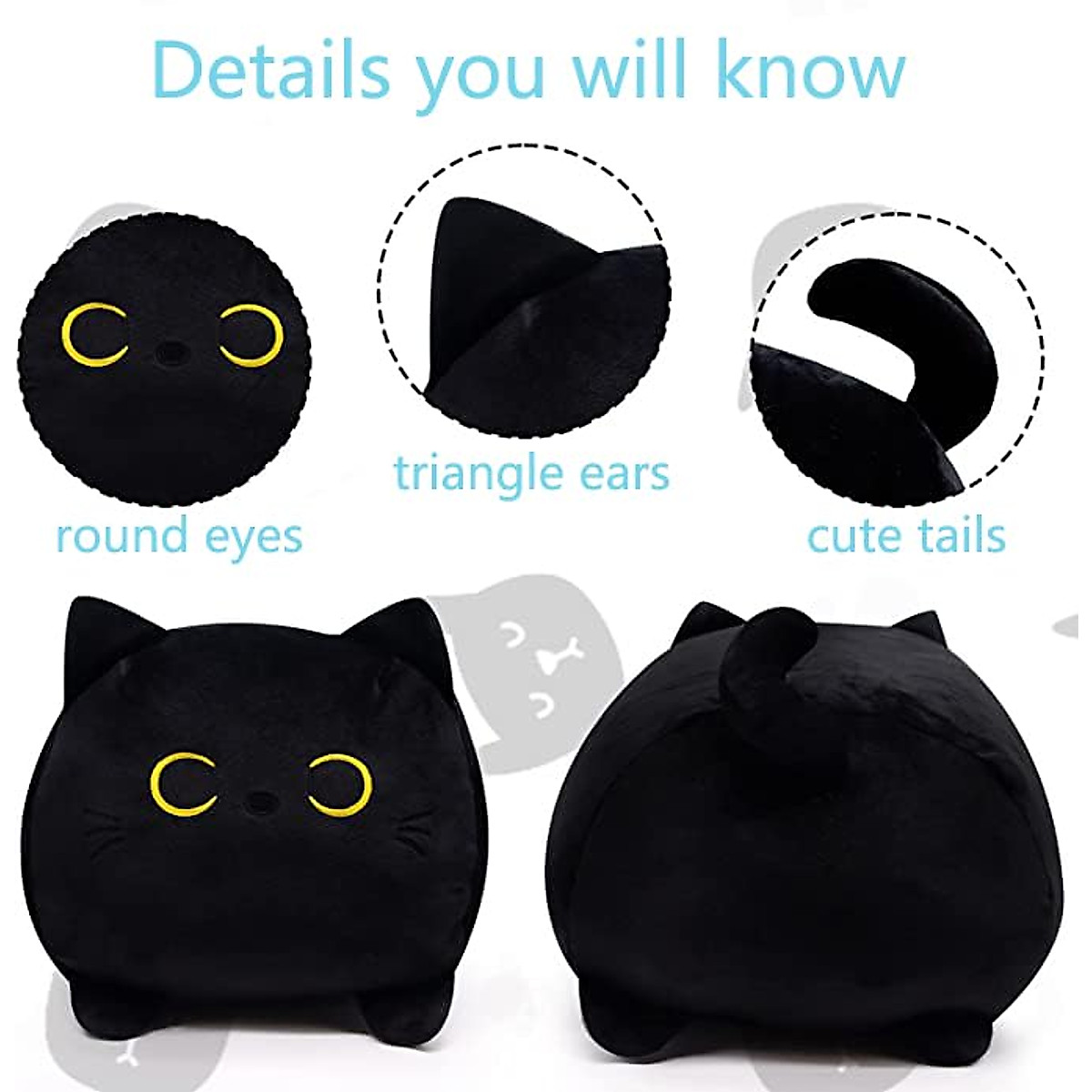 LiinBeiiLiaa (Two Pcs) Cute Cat Plushies, Black Cat Plush Soft Stuffed Animals Pillow Cat Shape Design Sofa Pillow,Hugging Plush Squishy Pillow Toy Gifts for Kids (16 Inch+6Inch)