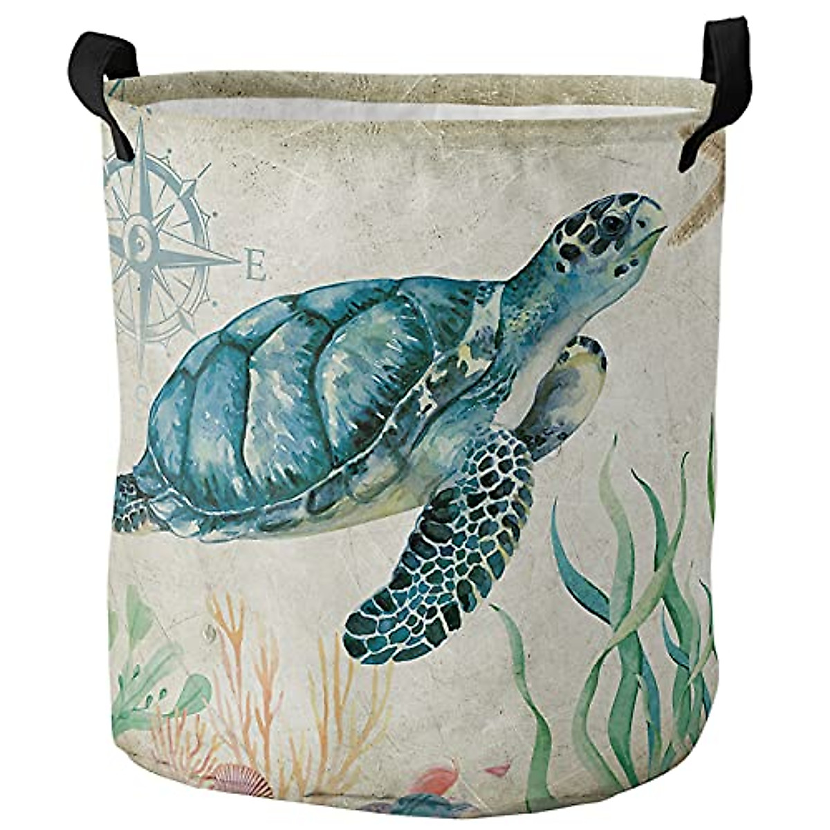 Marine Animals Freestanding Laundry Basket with Handles, Collapsible Waterproof Large Laundry Hamper for Baby Nursery Kids Room Dorm Storage, Ocean Theme Sea Turtle Starfish