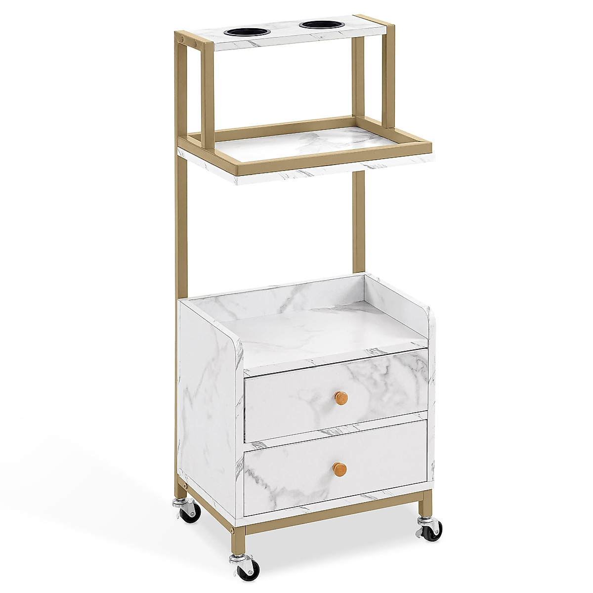 BarberPub Salon Trolley with Wheels Rolling Barber Cart with Drawers Marbled Board for Beauty Salon Metal Frame with 2 Hair Dryer Holders 2044 (White)