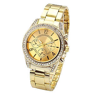 Top Plaza Unisex Gold Fashion Womens Mens Crystal Accented Analog Quartz Bracelet Watch (Golden)