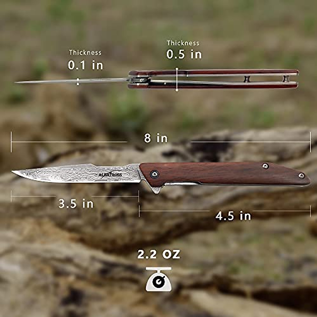 ALBATROSS EDC Thin VG10 Damascus Camping Folding Pocket Knife; 3.5" Damascus Blade, 4.5" Yellow Sandalwood Handle,Gifts Box/Collections (HGDK025)