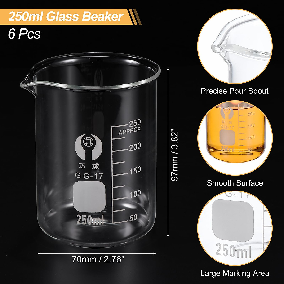 PATIKIL 250ml Low Form Glass Beaker, 6 Pack 3.3 Borosilicate Glass Graduated Printed Scale Measuring Cups with Spout for Kitchen Lab Liquids