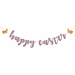 Happy Easter Banner - Happy Easter Garland,Easter Decors,Easter Bunting - Welcome Spring Easter Themed Party Banner - Purple Glitter
