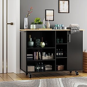 QAQA 48" Kitchen Island Cart Furniture cart on Wheels with Storage，Rolling Portable Dining Room Serving Utility Carts Mobile Movable with Drawers Cabinet,Black