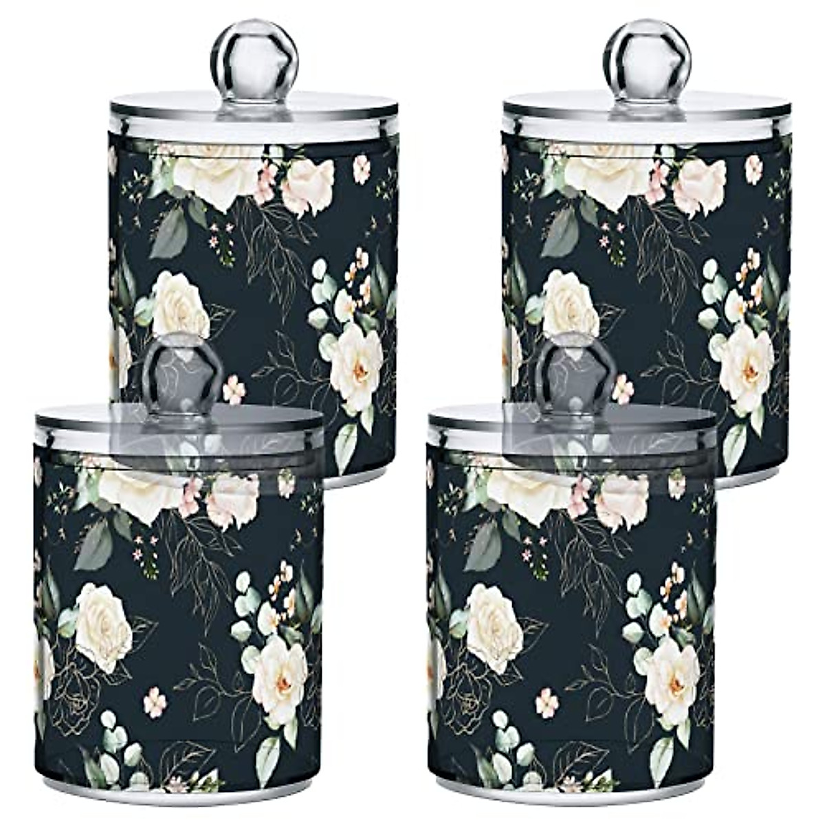 Gredecor 4 Pack Qtip Dispenser Apothecary Jars Bathroom Organizer, Romantic Pink Gold Flowers Black Qtip Holder Storage Canister Plastic Acrylic Jar for Cotton Ball/Swab/Rounds