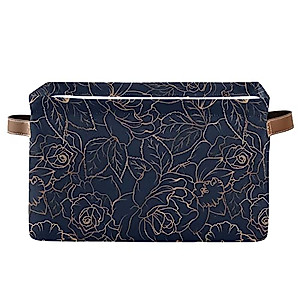 Gougeta Foldable Storage Basket with Handle, Floral Rose Peony Flower Navy Blue Rectangular Canvas Organizer Bins for Home Office Closet Clothes Toys 1 Pack