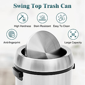 GAOMON 65L/17Gal Trash Can with Swing Top, Commercial Grade Heavy Duty Brushed Stainless Steel Outdoor Trash Can, Large Kitchen Trash Can, Round