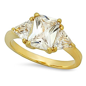 The Bling Factory Gold Plated Emerald-Cut Crystal-Clear Clear CZ Three-Stone Ring, Size 4