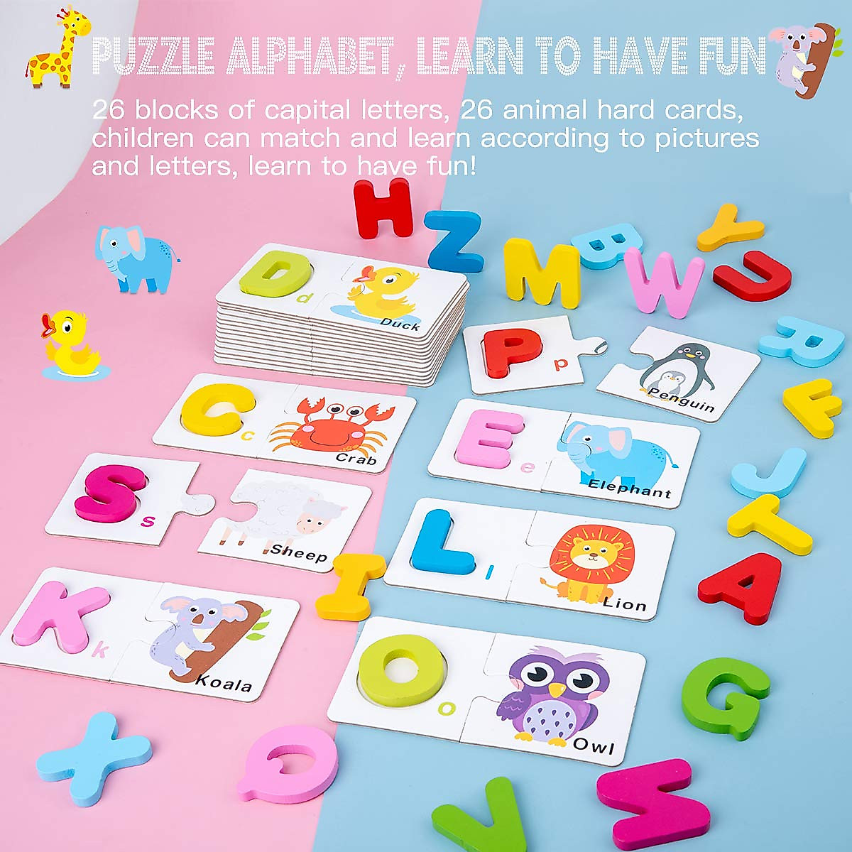 Sight Words Spelling and Learning Alphabet Puzzle Matching Game Wooden Letters Animal Flash Cards Shape Puzzles Montessori Matching Puzzle Preschool Educational Toys for Toddlers Boys Girls Age 3+