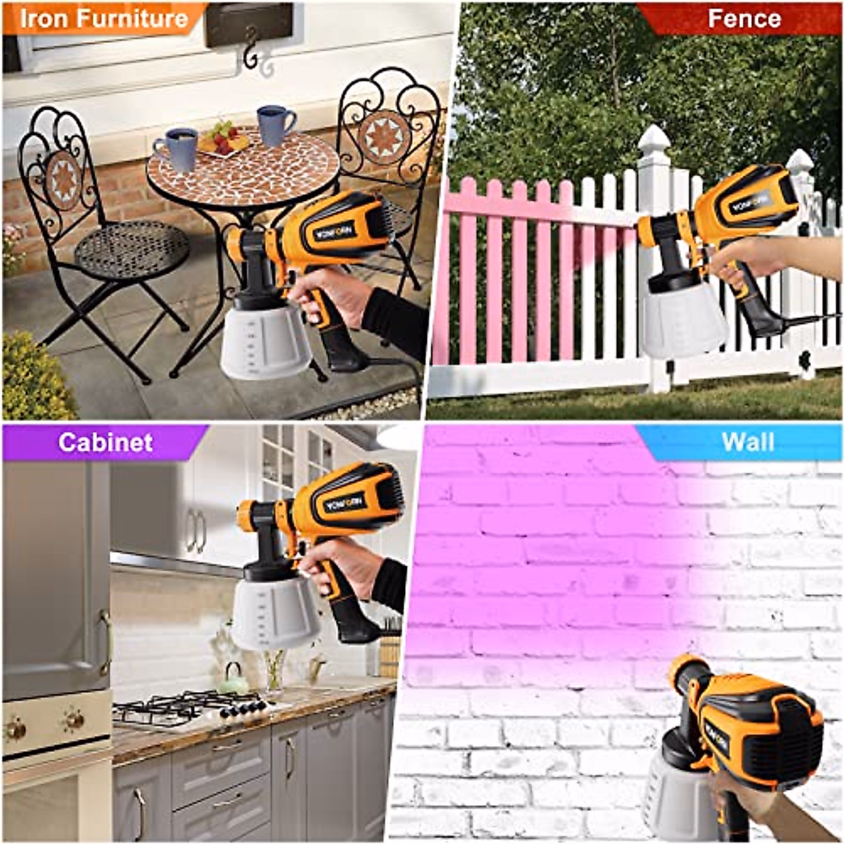 VONFORN Paint Sprayer, 700W HVLP Spray Gun with Cleaning & Blowing Joints, 4 Nozzles and 3 Patterns, Easy to Clean, for Furniture, Cabinets, Fence, Walls, Door, Garden Chairs etc. VF803