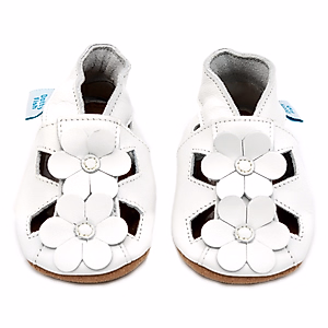 Dotty Fish Soft Leather Infant Toddler Sandals. White Flowers. 12-18 Months