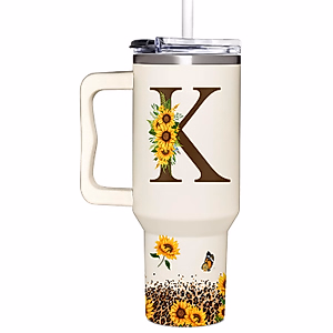 Personalized Birthday Gifts For Women - Sunflowers Monogrammed Cup For Boss Day, Christmas - Customized Gifts For Women, Mom, Wife, Coworkers, Boss Lady, Her - Custom Tumbler With Handle 40oz