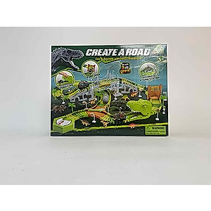 174 PCS Flexible Dinosaur Train Tracks and Race Cars Playset with 8 Dinosaurs Figures, Electric Vehicles, Lights - Create Road Racing World for Toddlers and Kids