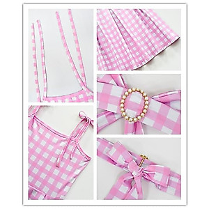 Sztylong Princess Pink Dress for Girls Plaid Fancy Sundress Halloween Costumes With Accessories