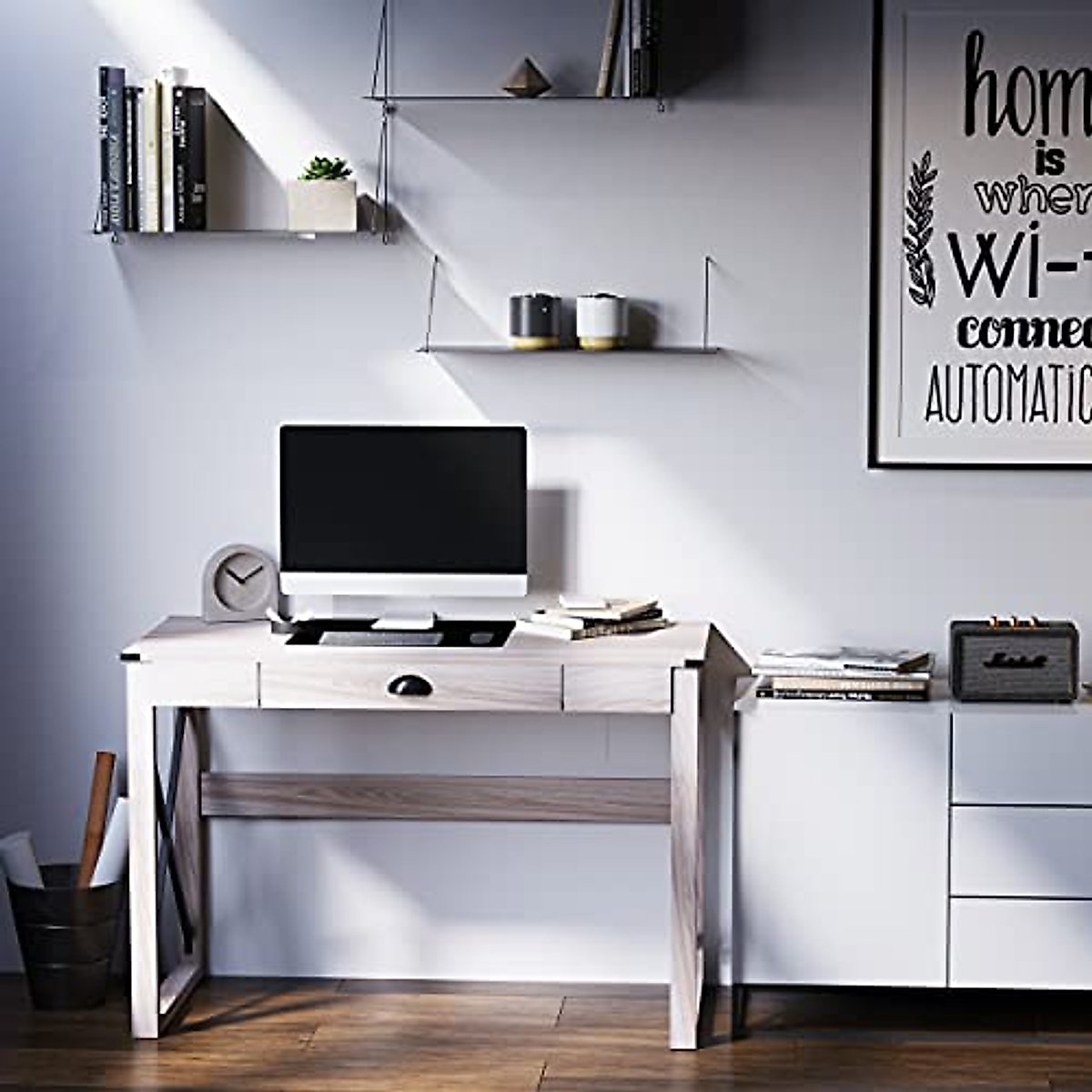 HOMCOM Home Office Computer Desk, Rustic Writing Desk, Farmhouse Workstation with Storage Drawer, X-Frame