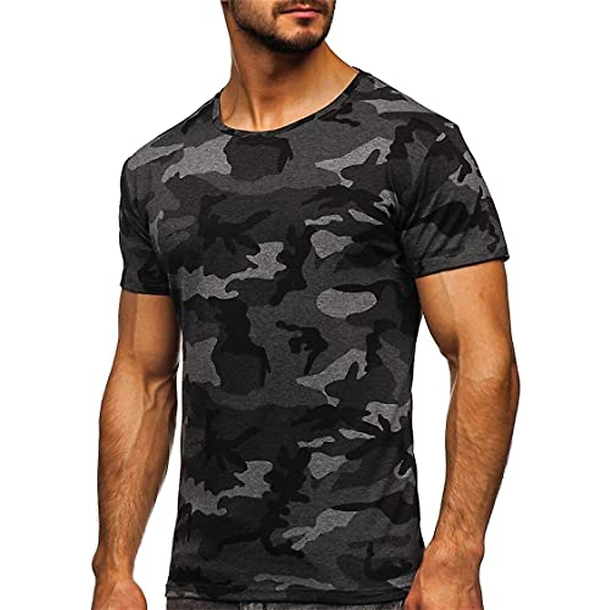 Maiyifu-GJ Men's Camo Casual Sports T-Shirt Colour Round Neck Camouflage Short Sleeve Regular Muscle Slim Fit Tees (Dark Grey,Small)