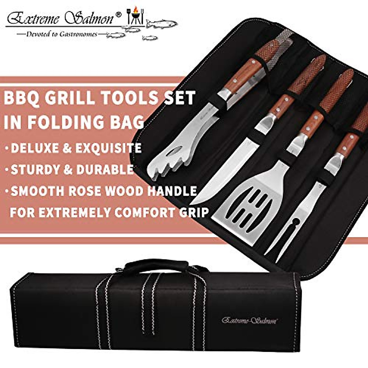 Deluxe BBQ Grill Tool Set with Rosewood Handles - Best Grilling Gift- Heavy Duty Grill Accessories Grilling Tools Set Grill Utensils- Extra Thick Stainless Steel Grill Spatula, Tongs, Fork& Meat Knife