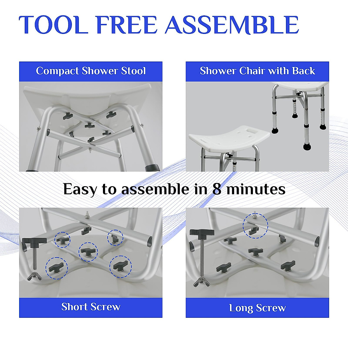 JumboTIGER Shower Stool 350lbs Bath Seat Chair, Tool-Free Assembly Height Adjustable Bath Bench with Padded Seat for Seniors, Elderly, Disabled, Handicap Stools (Shower Chair)