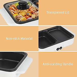 Hot Pot Electric with Grill, 2 in1 Indoor Non-Stick Shabu Shabu Pot & Frying Pan, Portable Mini Hot Pot Korean BBQ w/Individual Dual Temperature Control, 1-3 People (White)