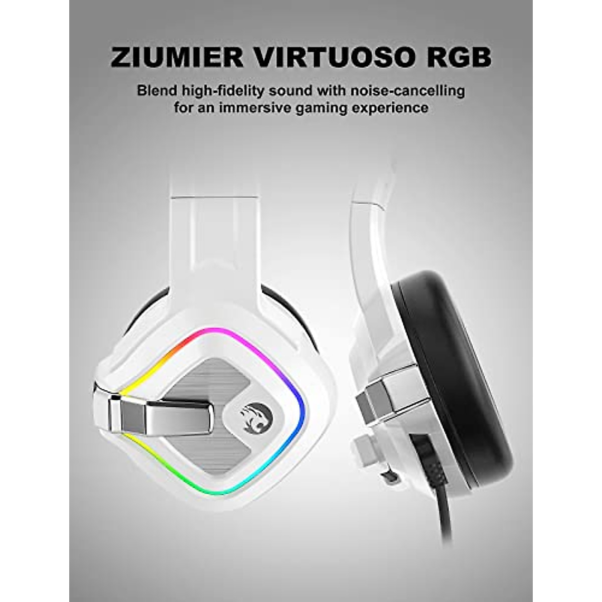 ZIUMIER Z66 White Gaming Headset with Microphone, Wired Over-Ear Headphone for PC PS4 PS5 Xbox One Controller, RGB LED Light, Bass Surround Sound