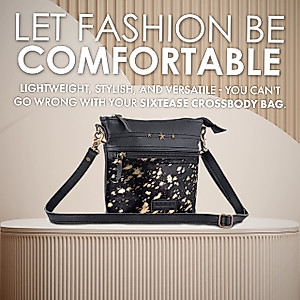 SIXTEASE Crossbody Bag for Women Vintage Style Genuine Leather, Upcycled Canvas, Rug, or Hair On - Cross Body Womens Bags with Inside Zipper Pockets - Black