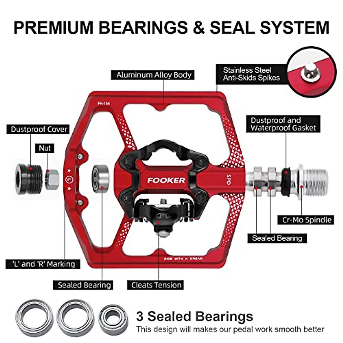FOOKER MTB Mountain Bike Pedals, Dual Function Flat and Pedal,3 Sealed Bearing Flat Platform Compatible with Clipless Pedal Aluminum 9/16" Pedals with Cleats for Road Mountain BMX MTB
