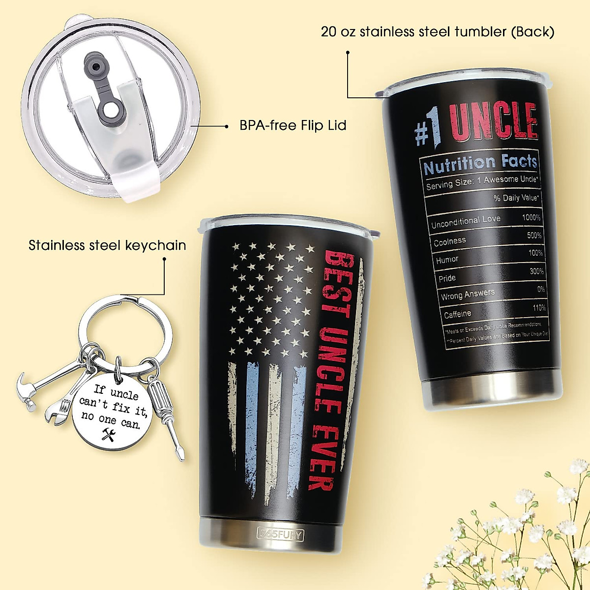 365fury Uncle Gifts - Best Uncle Ever Gifts - Fathers Day Giftss For Uncle From Niece, Nephew - Uncle Birthday Gifts - Gifts For New Uncle, Funcle - 20Oz Tumbler & Keychain Gift Set
