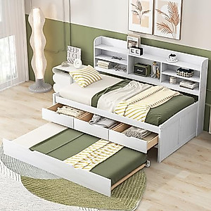 SIYSNKSI Twin Size Captain Bed with 3 Storage Drawers and Trundle, Versatility Wooden Daybed Sofa Bed with Built-in Bookshelves for Living Room Bedroom Office Guest Room, No Box Spring Needed