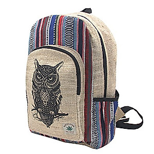 KayJayStyles Natural Handmade Large Multi Pocket Hemp Nepal Backpack (Owl)